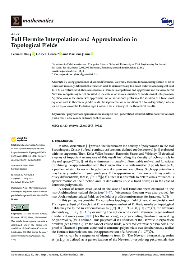 (PDF) Full Hermite Interpolation and Approximation in Topological Fields