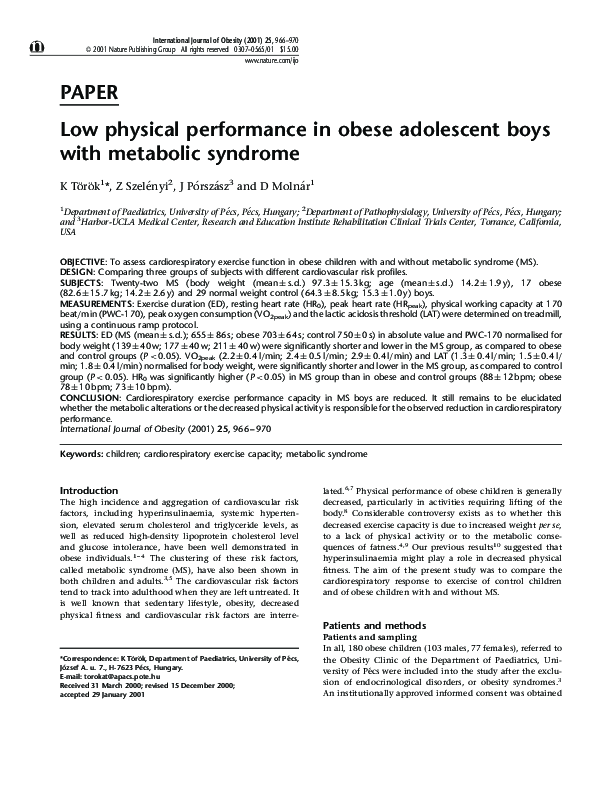 (PDF) Low physical performance in obese adolescent boys with metabolic ...