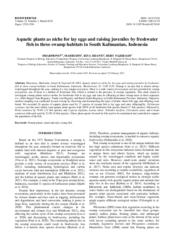 (PDF) Aquatic plants as niche for lay eggs and raising juveniles by ...