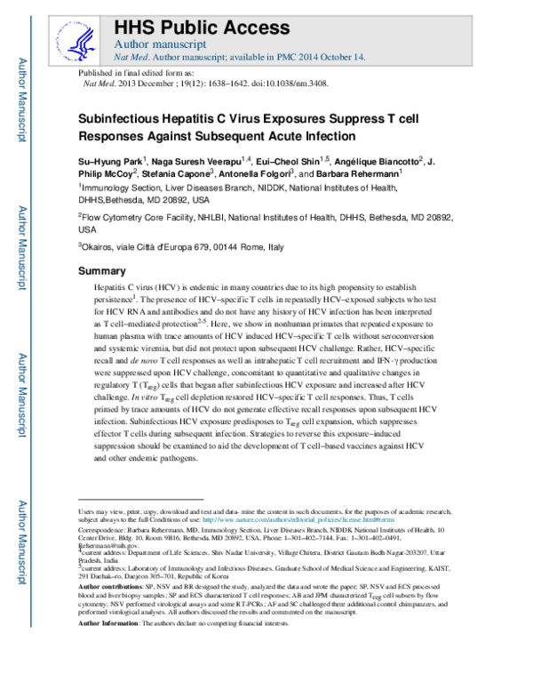 (PDF) Subinfectious hepatitis C virus exposures suppress T cell ...
