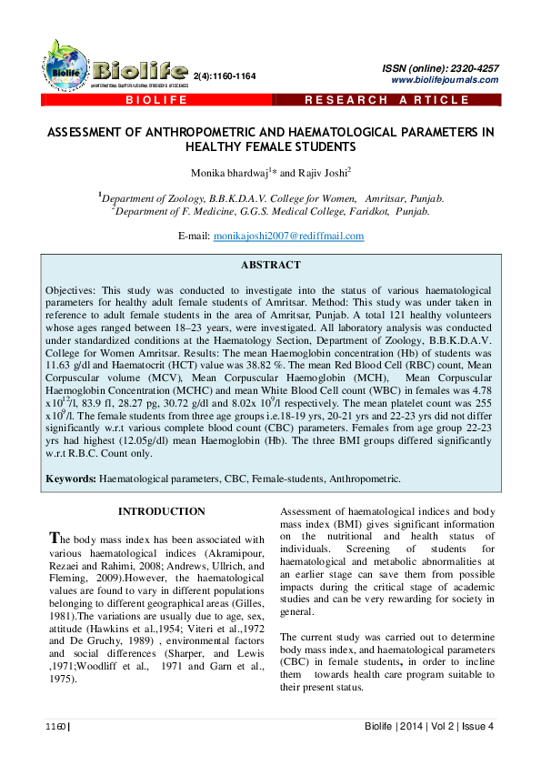 (PDF) ASSESSMENT OF ANTHROPOMETRIC AND HAEMATOLOGICAL PARAMETERS IN ...