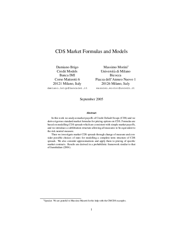 (PDF) CDS Market Formulas and Models | massimo morini - Academia.edu