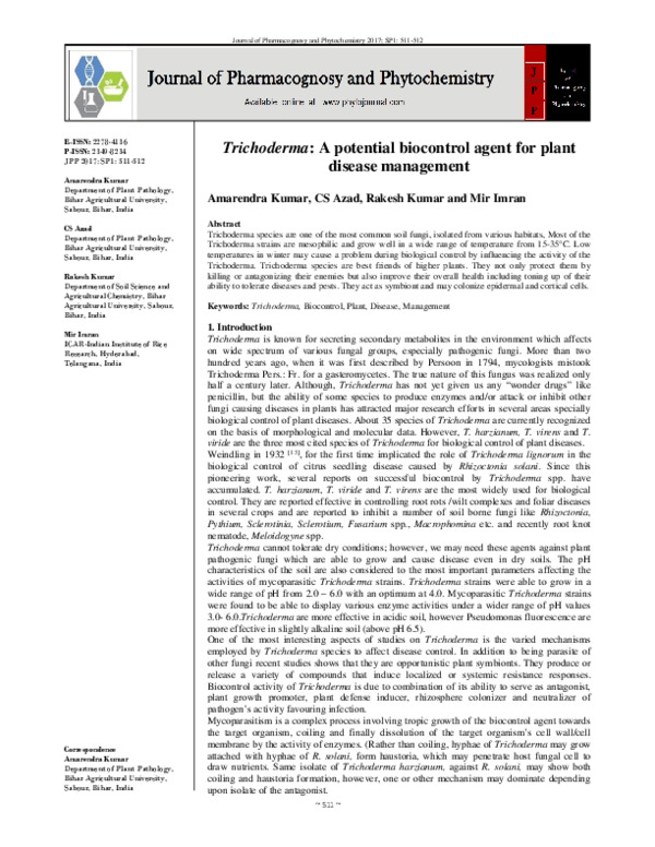 Pdf Trichoderma A Potential Biocontrol Agent For Plant Disease Management