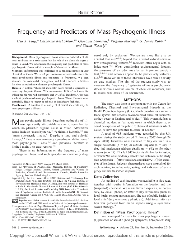 (PDF) Frequency and Predictors of Mass Psychogenic Illness