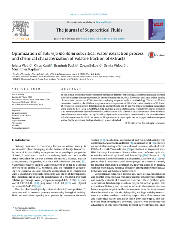 Pdf Optimization Of Satureja Montana Subcritical Water Extraction Process And Chemical