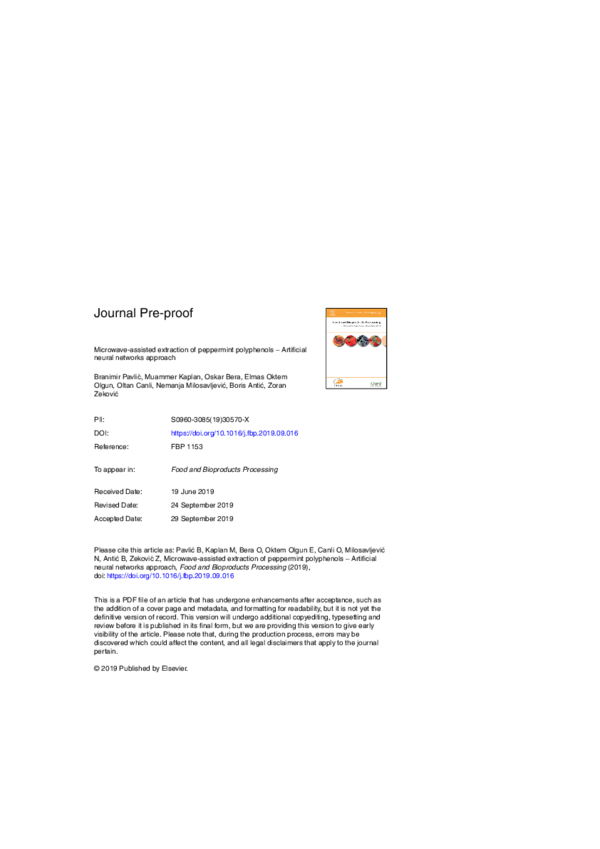 Pdf Microwave Assisted Extraction Of Peppermint Polyphenols Artificial Neural Networks Approach