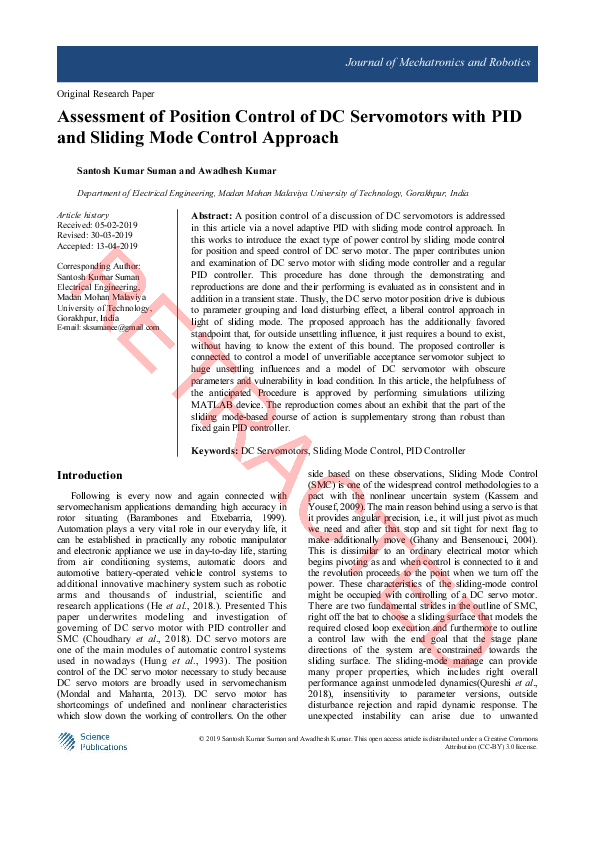 (PDF) Assessment of Position Control of DC Servomotors with PID and Sliding Mode Control Approach