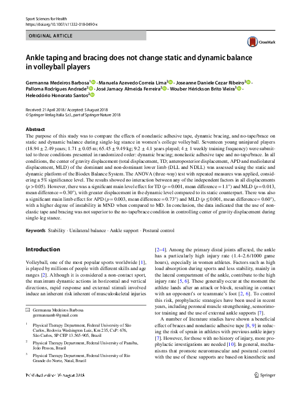 (PDF) Ankle taping and bracing does not change static and dynamic balance in volleyball players