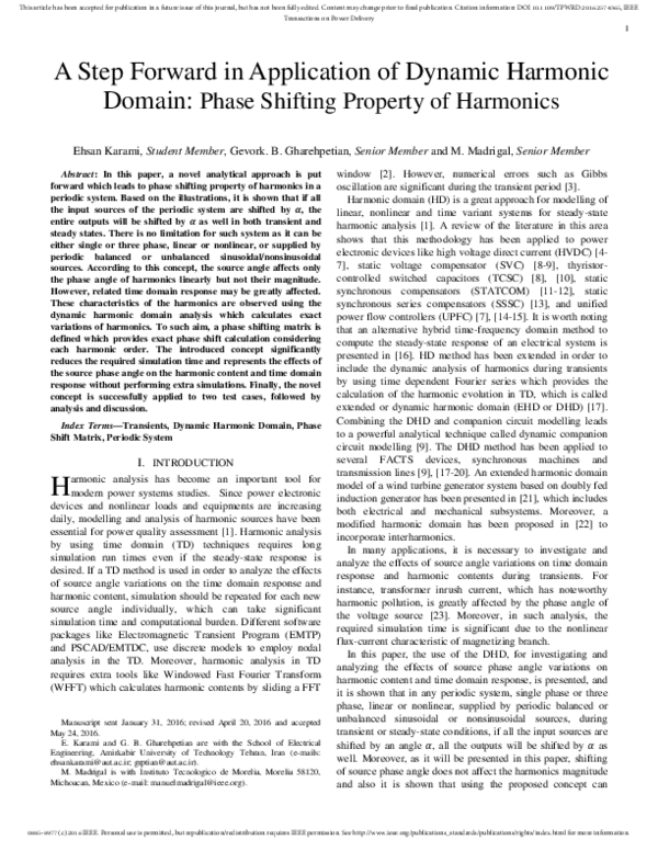 (PDF) A Step Forward in Application of Dynamic Harmonic Domain: Phase Shifting Property of Harmonics