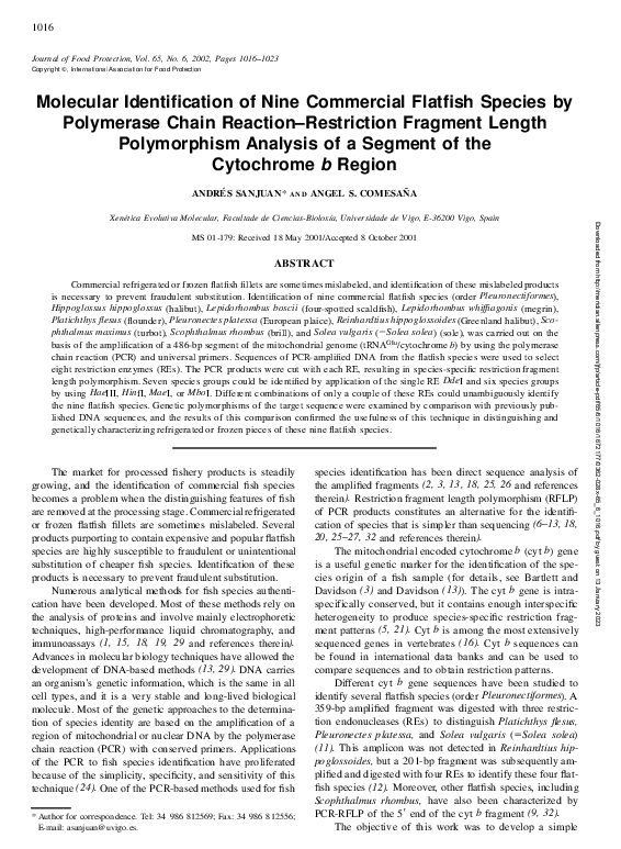 (PDF) Molecular Identification of Nine Commercial Flatfish Species by Polymerase Chain Reaction ...