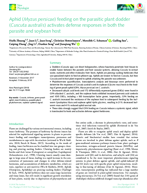 (PDF) Aphid (Myzus persicae) feeding on the parasitic plant dodder ...