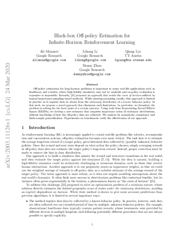 (PDF) Black-box Off-policy Estimation for Infinite-Horizon Reinforcement Learning