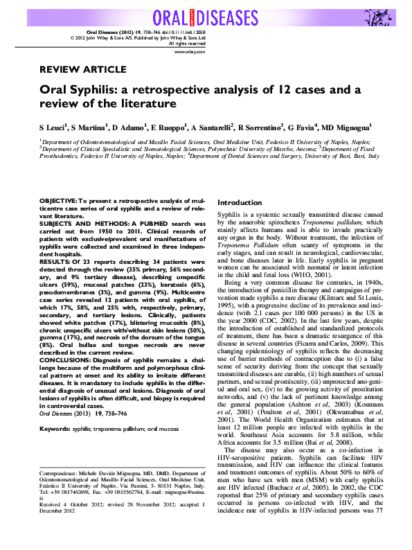 (PDF) Oral Syphilis: a retrospective analysis of 12 cases and a review ...