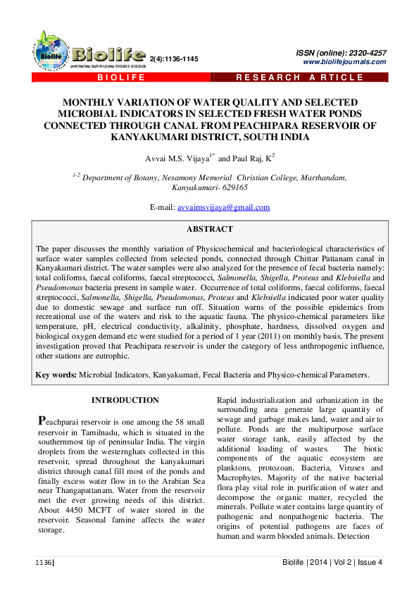 (PDF) MONTHLY VARIATION OF WATER QUALITY AND SELECTED MICROBIAL ...