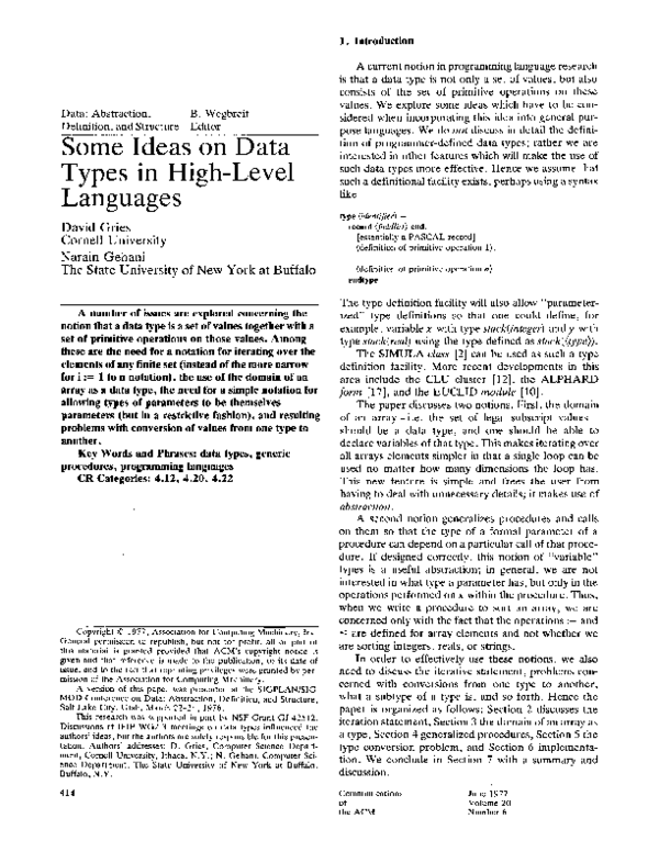 (PDF) Some ideas on data types in high-level languages