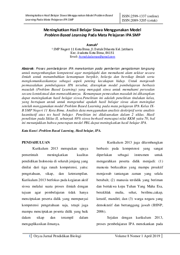 (PDF) Meningkatkan Hasil Belajar Siswa Menggunakan Model Problem Based Learning pada Mata ...