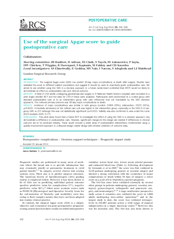 (PDF) Use of the surgical Apgar score to guide postoperative care