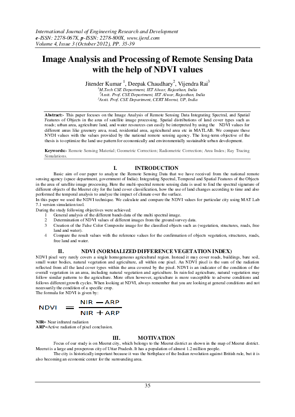 (PDF) Image Analysis and Processing of Remote Sensing Data with the help of NDVI values