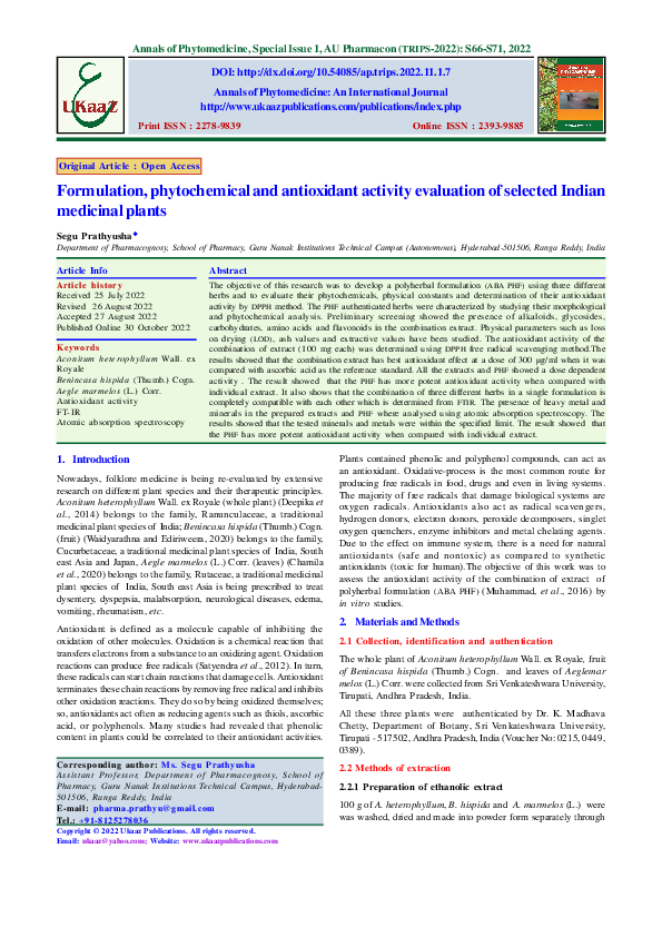 (PDF) Formulation, phytochemical and antioxidant activity evaluation of selected Indian ...