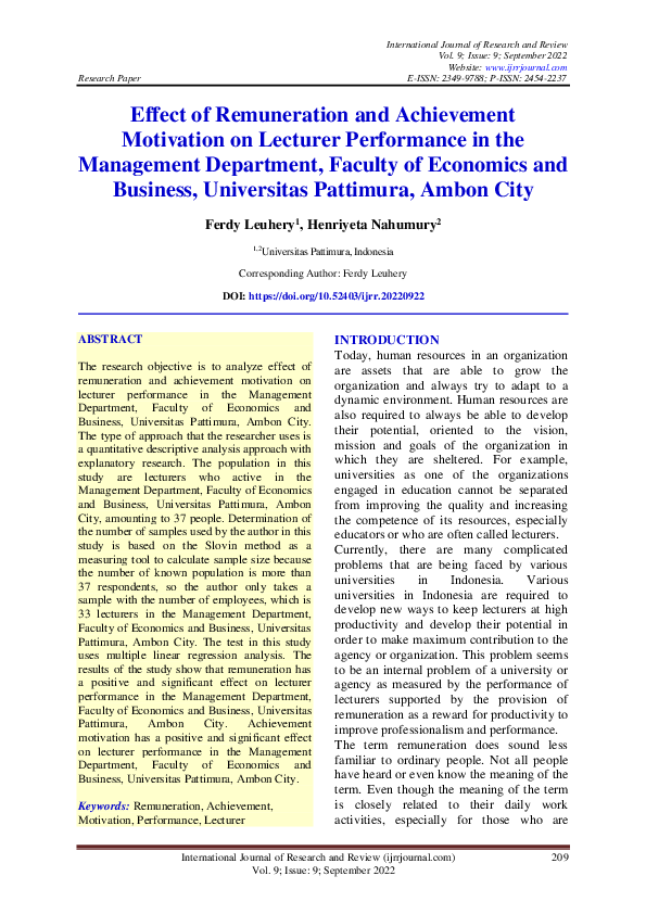 (PDF) Effect of Remuneration and Achievement Motivation on Lecturer ...