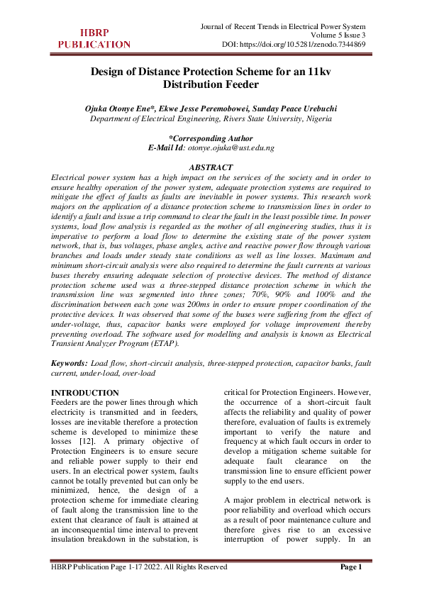 (PDF) Design of Distance Protection Scheme for an 11kv Distribution Feeder