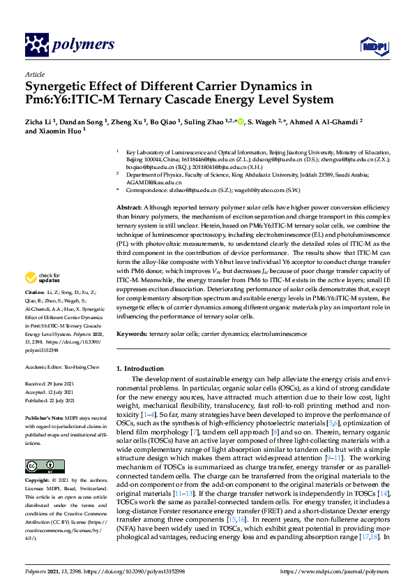 (PDF) Synergetic Effect of Different Carrier Dynamics in Pm6:Y6:ITIC-M Ternary Cascade Energy ...