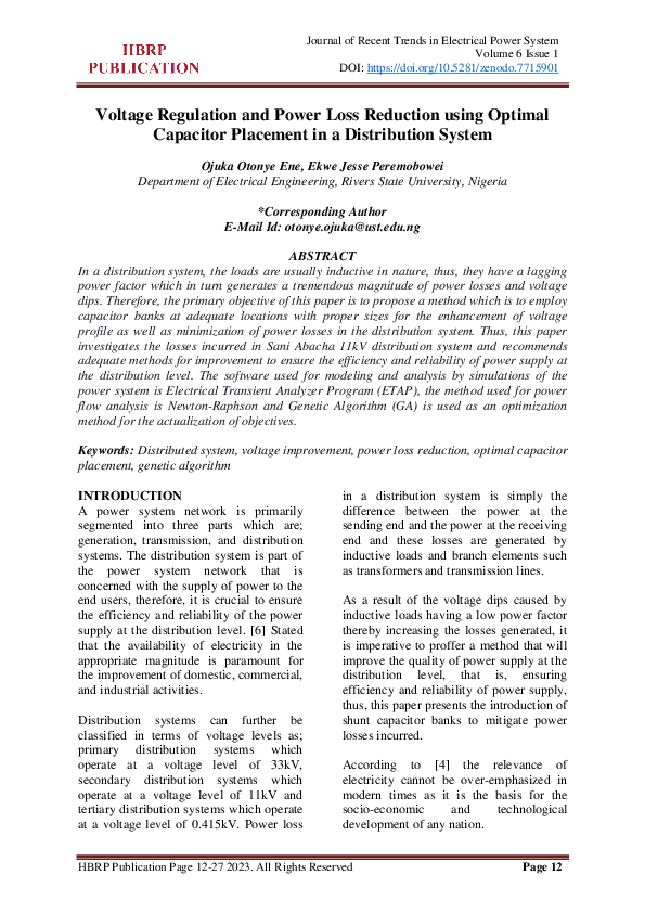 Pdf Voltage Regulation And Power Loss Reduction Using Optimal Capacitor Placement In A