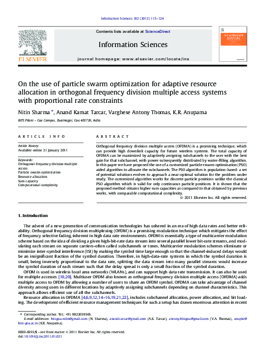 (PDF) On the use of particle swarm optimization for adaptive resource allocation in orthogonal ...