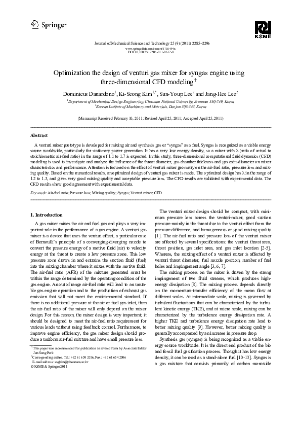 (PDF) Optimization the design of venturi gas mixer for syngas engine ...