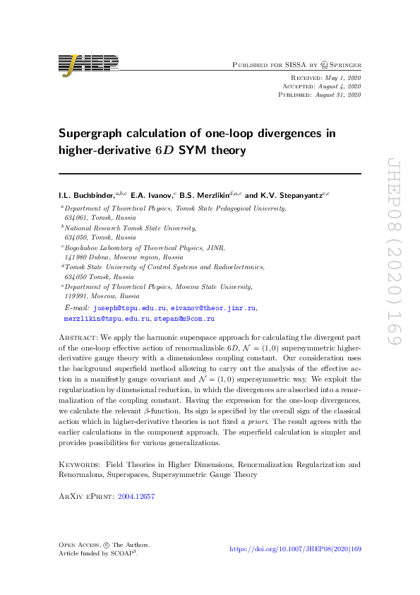 (PDF) Supergraph calculation of one-loop divergences in higher ...