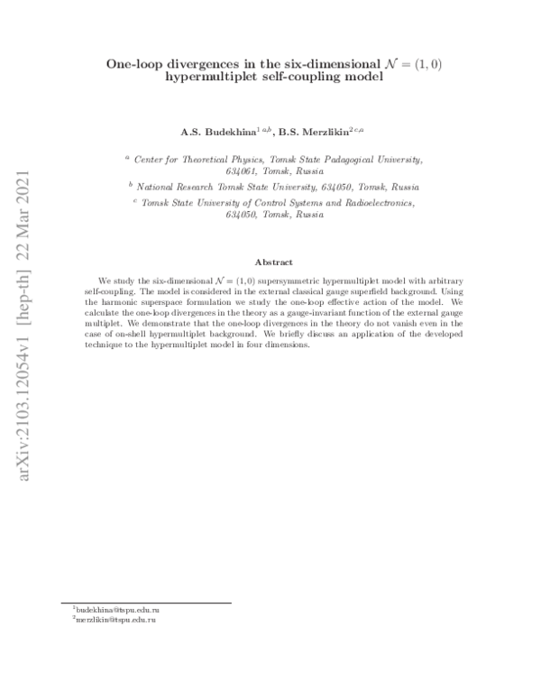 (PDF) One-loop divergences in the six-dimensional N=(1,0) hypermultiplet self-coupling model