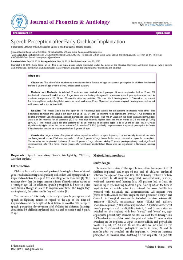 (PDF) Speech Perception after Early Cochlear Implantation