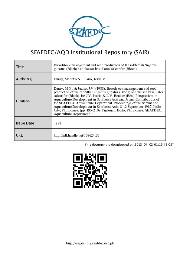 (PDF) Induced spawning of sea bass, Lates calcarifer, and rabbitfish ...