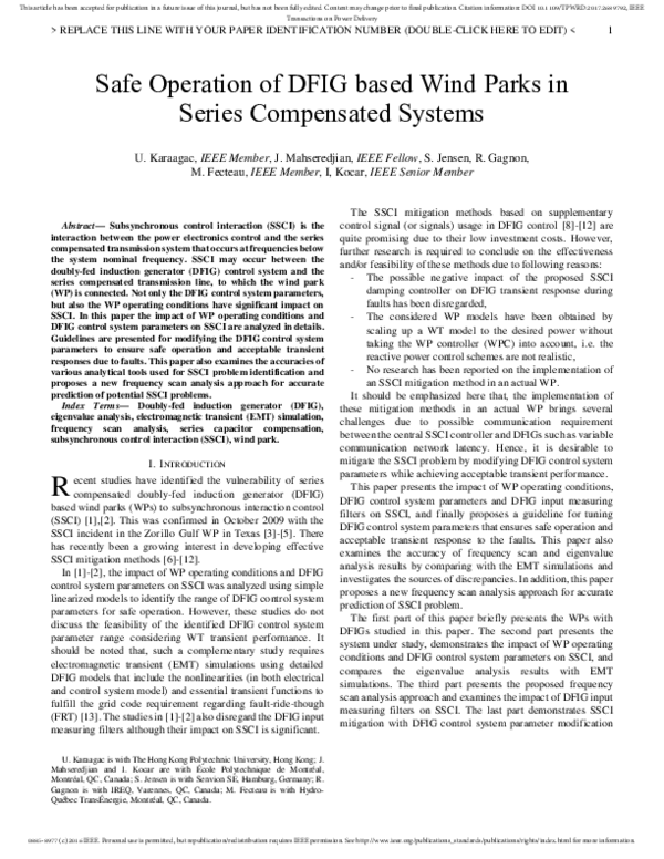 (PDF) Safe Operation of DFIG-Based Wind Parks in Series-Compensated Systems