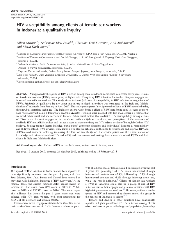 Pdf Hiv Susceptibility Among Clients Of Female Sex Workers In