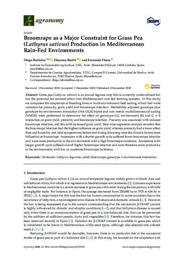 (PDF) Broomrape as a Major Constraint for Grass Pea (Lathyrus sativus) Production in ...