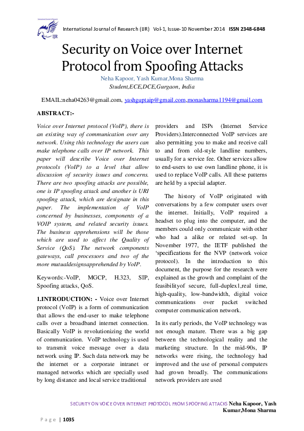 (PDF) Security on Voice over Internet Protocol from Spoofing Attacks