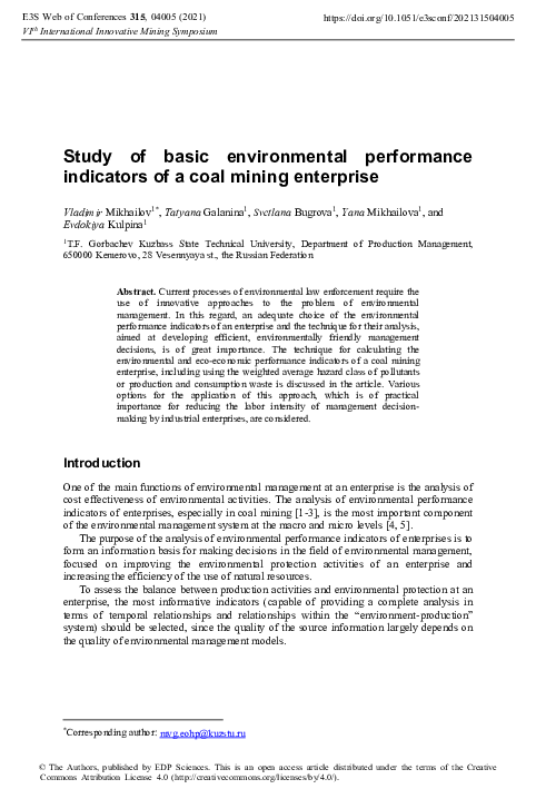 (PDF) Study of basic environmental performance indicators of a coal ...