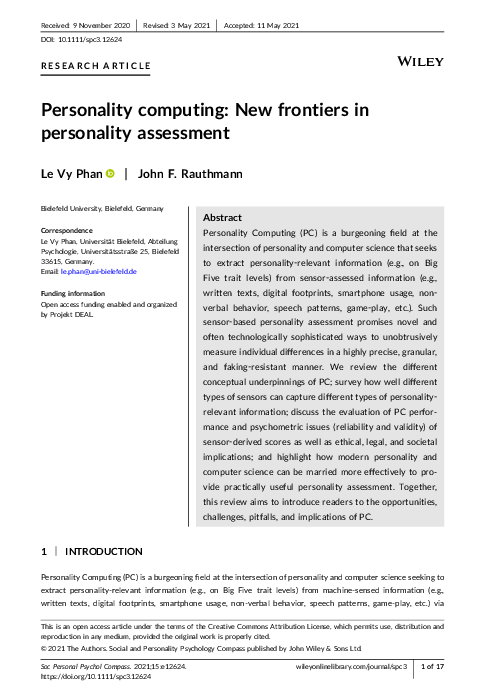 (PDF) Personality computing: New frontiers in personality assessment