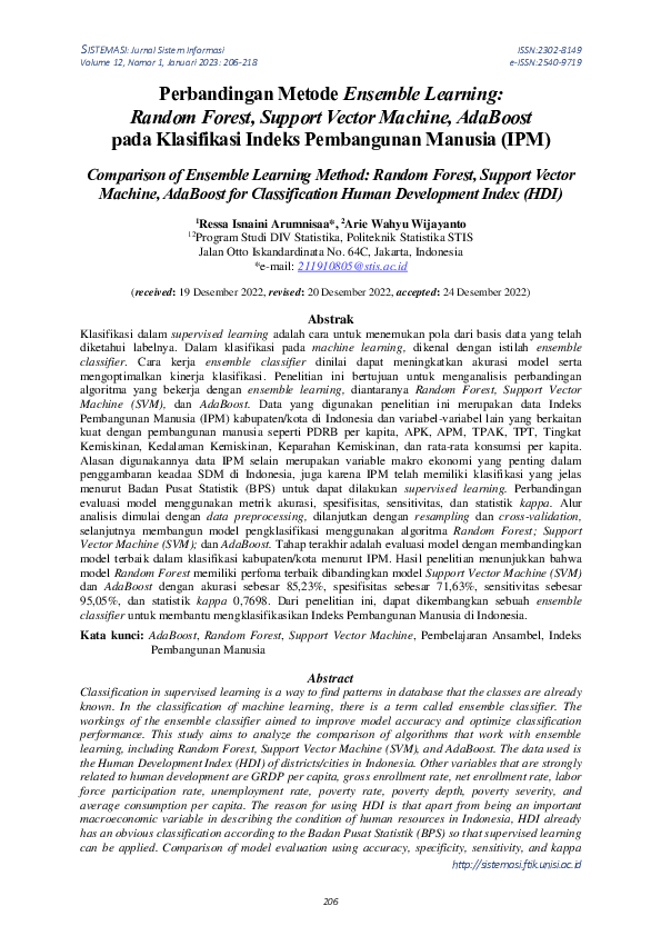 (PDF) Comparison of Ensemble Learning Method: Random Forest, Support Vector Machine, AdaBoost ...