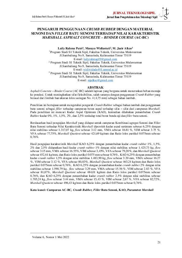 (PDF) Pengaruh Penggunaan Crumb Rubber Dengan Material Senoni Dan Filler Batu Senoni Terhadap ...