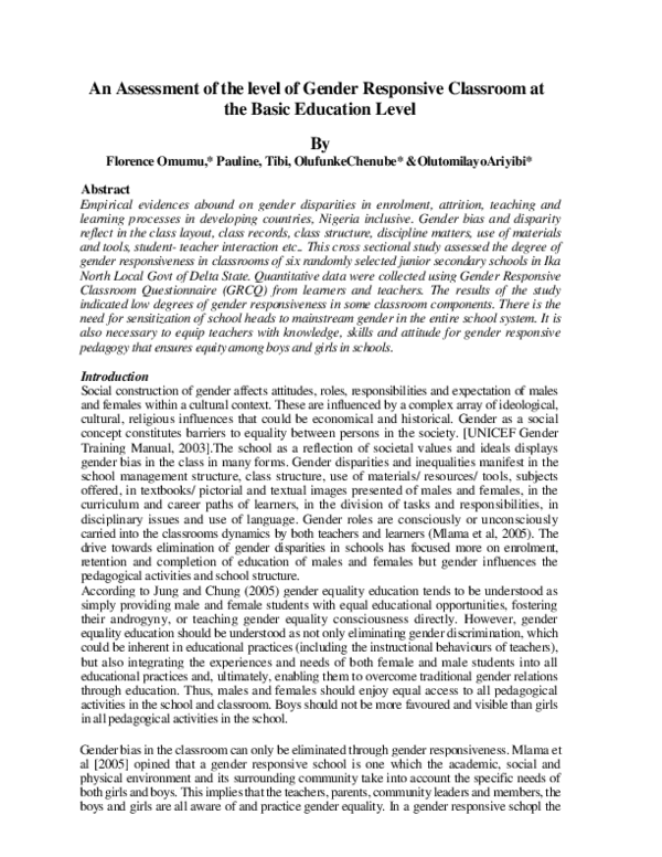(PDF) An Assessment of the level of Gender Responsive Classroom at the ...