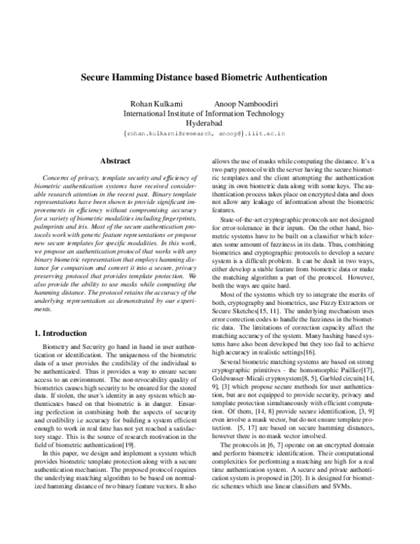 (PDF) Secure hamming distance based biometric authentication