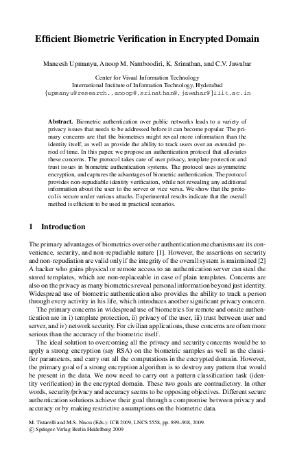 (PDF) Efficient Biometric Verification in Encrypted Domain