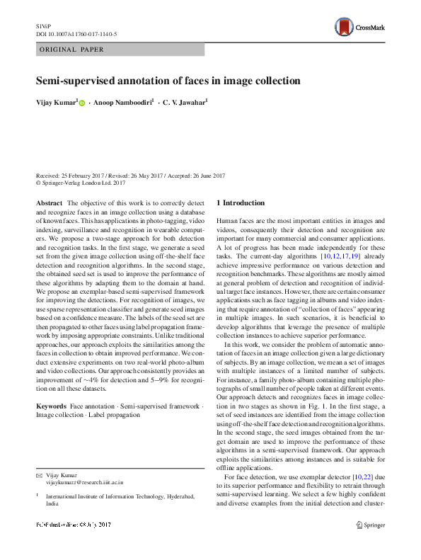 (PDF) Semi-supervised annotation of faces in image collection | Anoop Namboodiri - Academia.edu