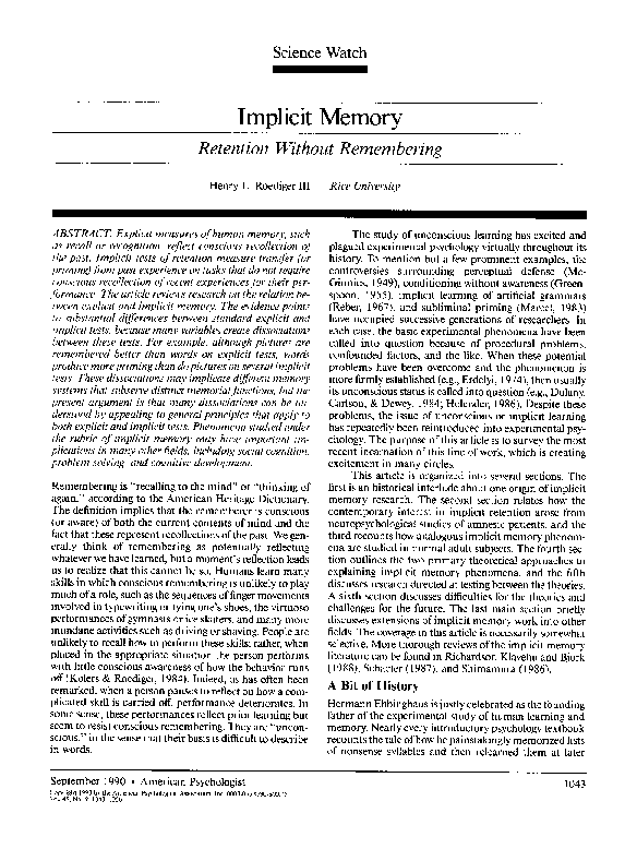 (PDF) Implicit memory: Retention without remembering