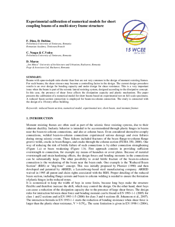 (PDF) Experimental calibration of numerical models for short coupling beams of a multi-story ...