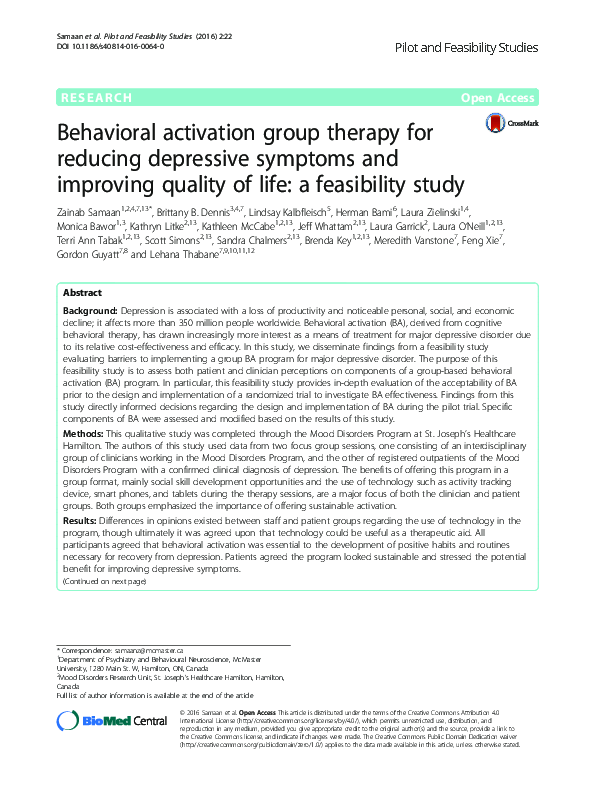 (PDF) Behavioral activation group therapy for reducing depressive ...