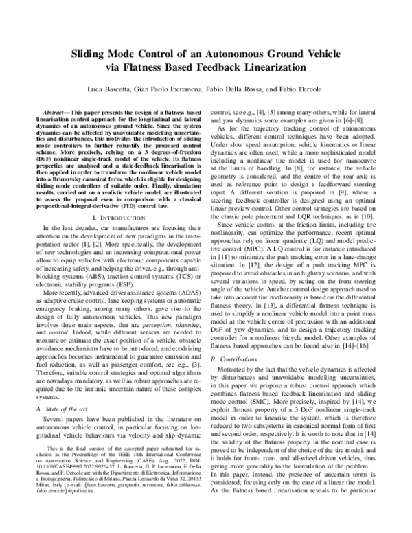(PDF) Sliding Mode Control of an Autonomous Ground Vehicle via Flatness Based Feedback Linearization
