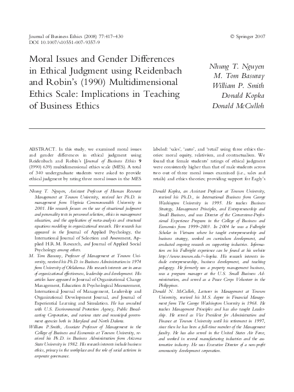 (PDF) Moral Issues and Gender Differences in Ethical Judgment using Reidenbach and Robin’s (1990 ...
